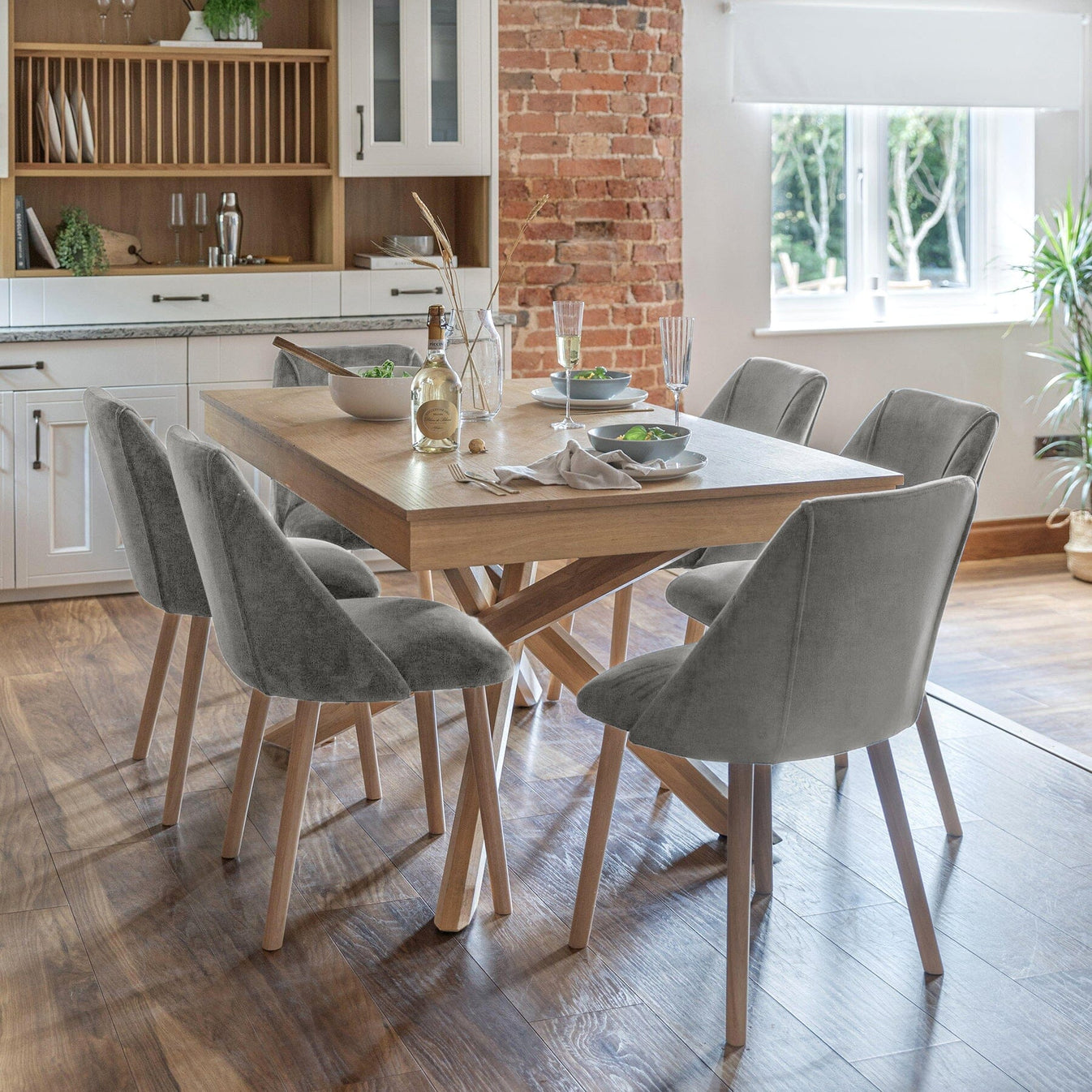 Amelia Whitewash Dining Tablet Set - Grey Velvet Chairs - Laura James