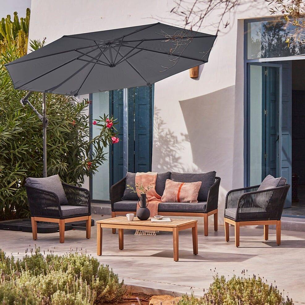 Eaden Black Rope Garden Conversation Set with Grey Parasol- Laura James