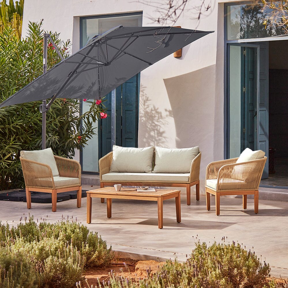 Eaden Natural Rope Garden Conversation Set with Grey LED Parasol ...