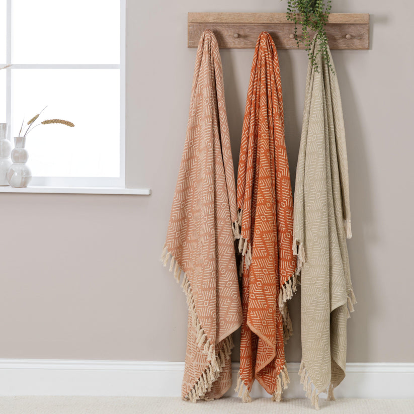 Elborough Burnt Orange Diamond Pattern Cotton Throw - Laura James