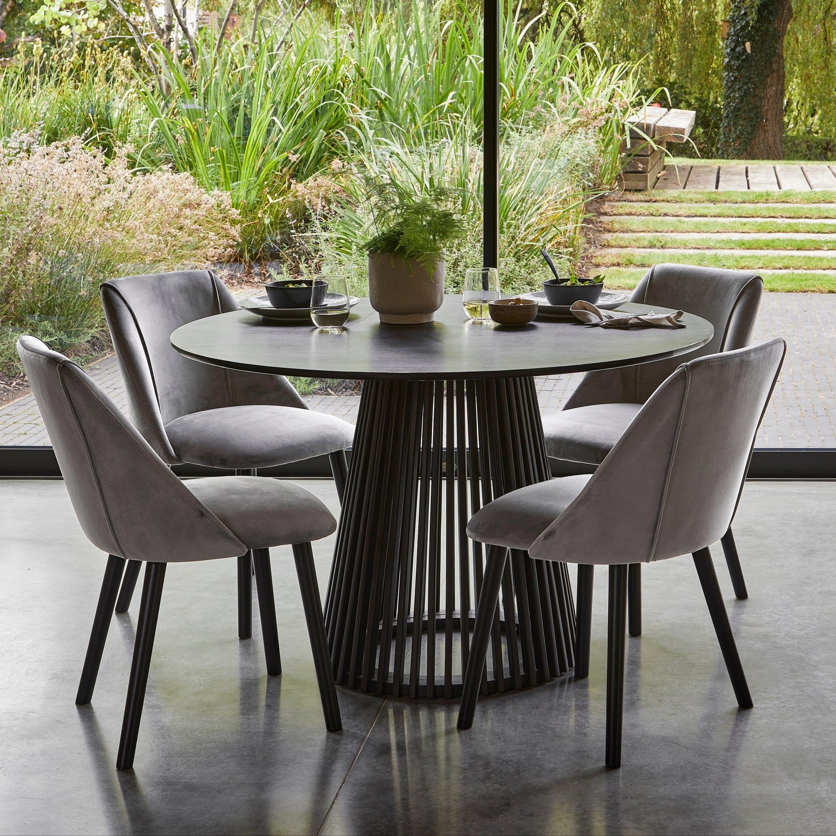 Willow Wooden Round Dining Set with Grey Dining Chairs - Laura James