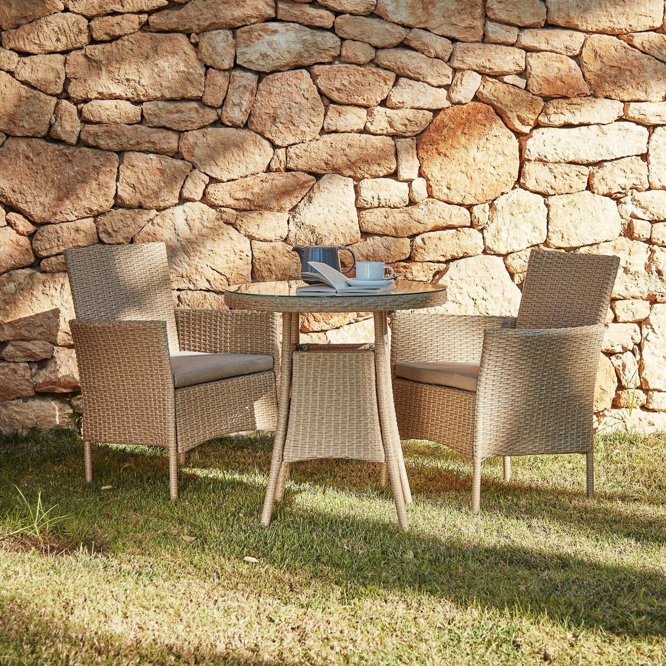 Kemble 2 Seater Rattan Bistro Outdoor Dining Set in Natural Brown ...