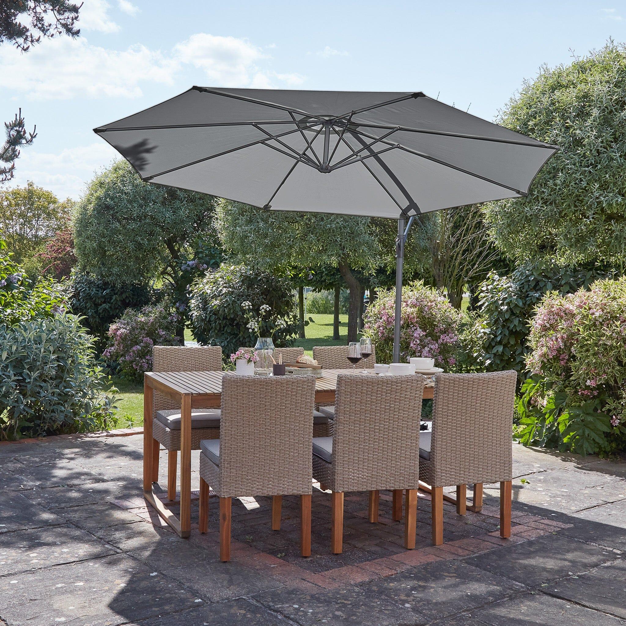 Lennox Table with 6 Oliver Dining Chairs with Grey Lean Over Parasol ...