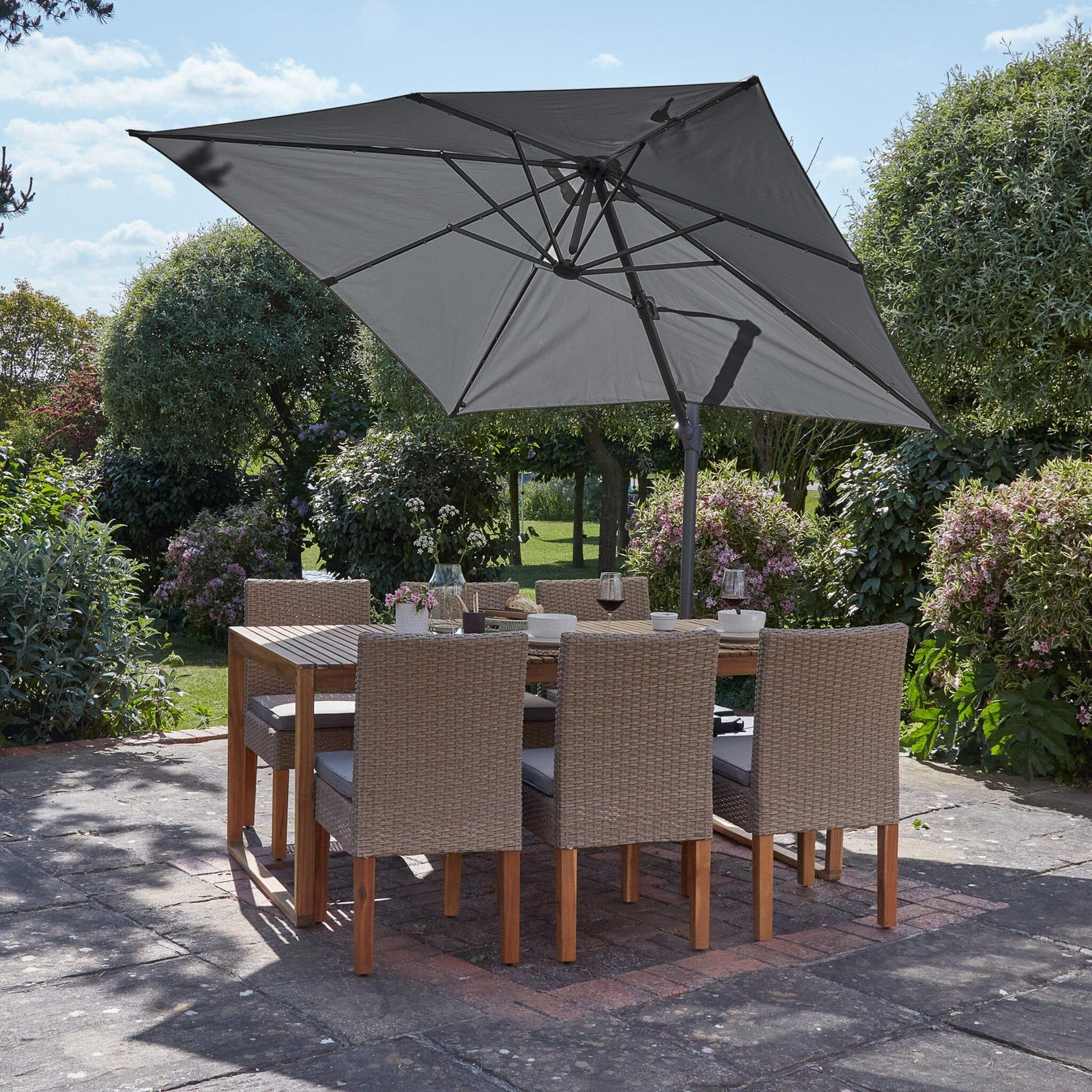 Lennox Table 6 Oliver Dining Chairs Grey Premium LED Parasol – Laura James