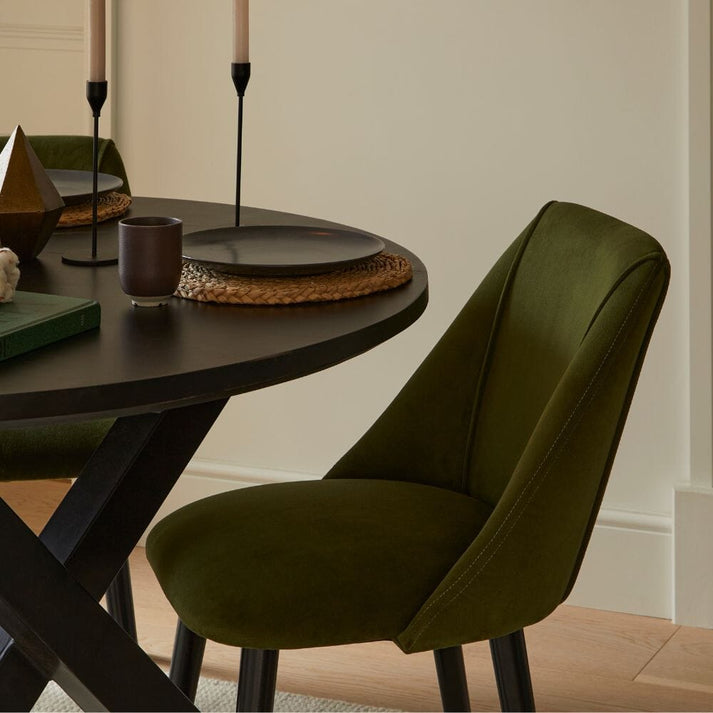Levi Black Round 4 Seater Dining Table Set with Freya Fern Green Dining ...