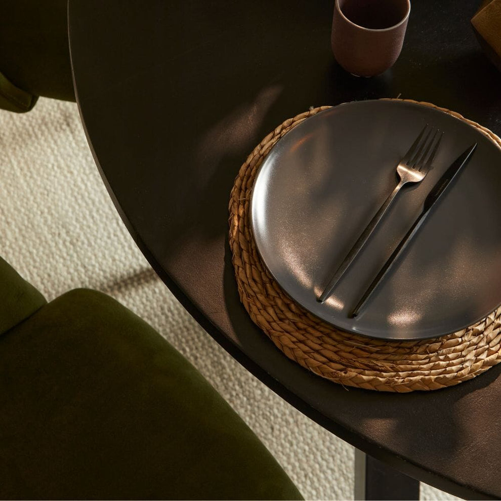 Levi Black Round 4 Seater Dining Table Set with Freya Fern Green Dining ...