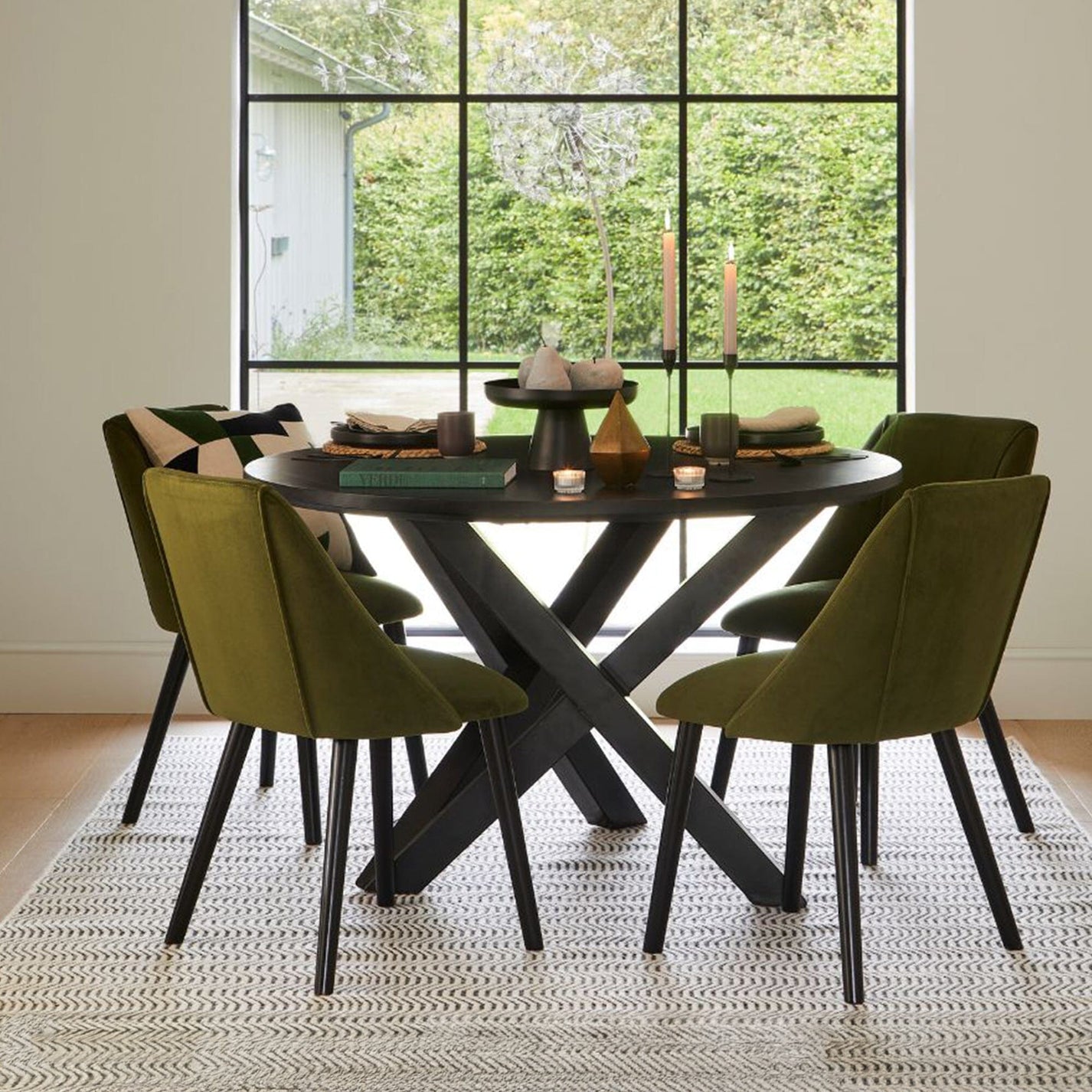 Levi Black Round 4 Seater Dining Table Set with Freya Fern Green Dining ...