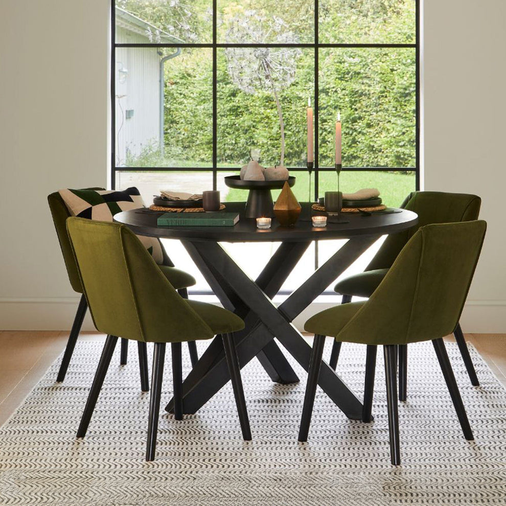 Levi Black Round 4 Seater Dining Table Set with Freya Fern Green Dining ...