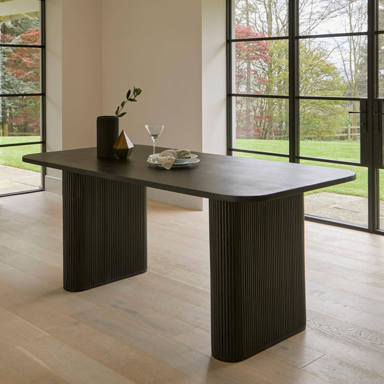 Orla 6 Seater Wooden Jet Black Dining Table Set with Freya Sand Dining ...