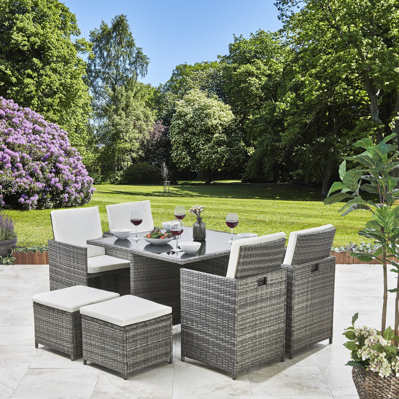 Outlet - 8 Seater Rattan Cube Outdoor Dining Set - Grey Weave With Cre ...