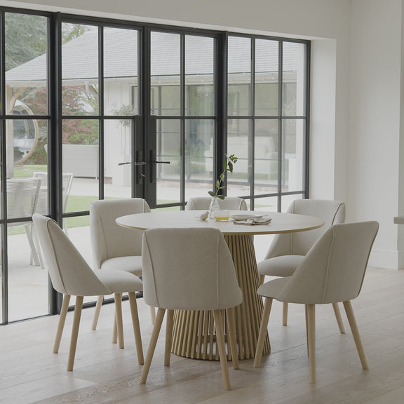 Willow Pale Oak Round Dining Set with Oatmeal Dining Chairs - Laura James
