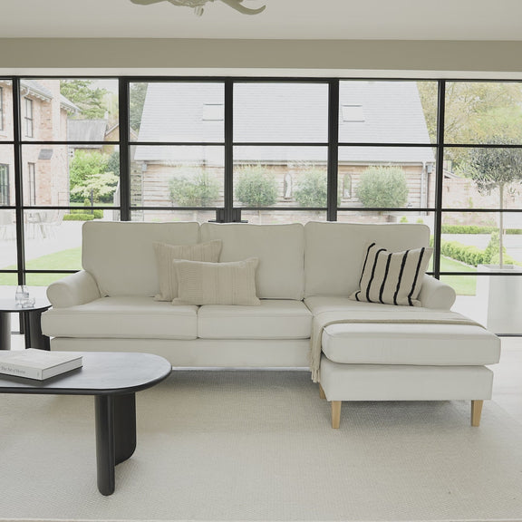 Annabelle Ivory Corner Sofa with Chaise & Dark Oak Legs - Laura James