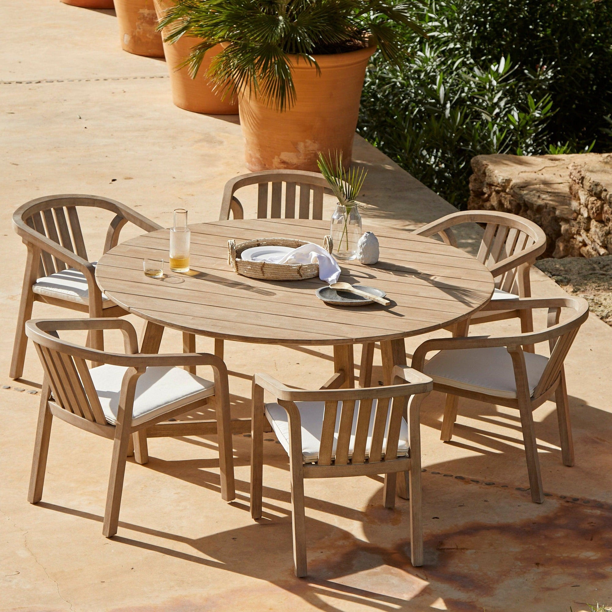 Shiro 6 Seater Wooden Round Garden Dining Table with 6 Shiro chairs - - Laura James