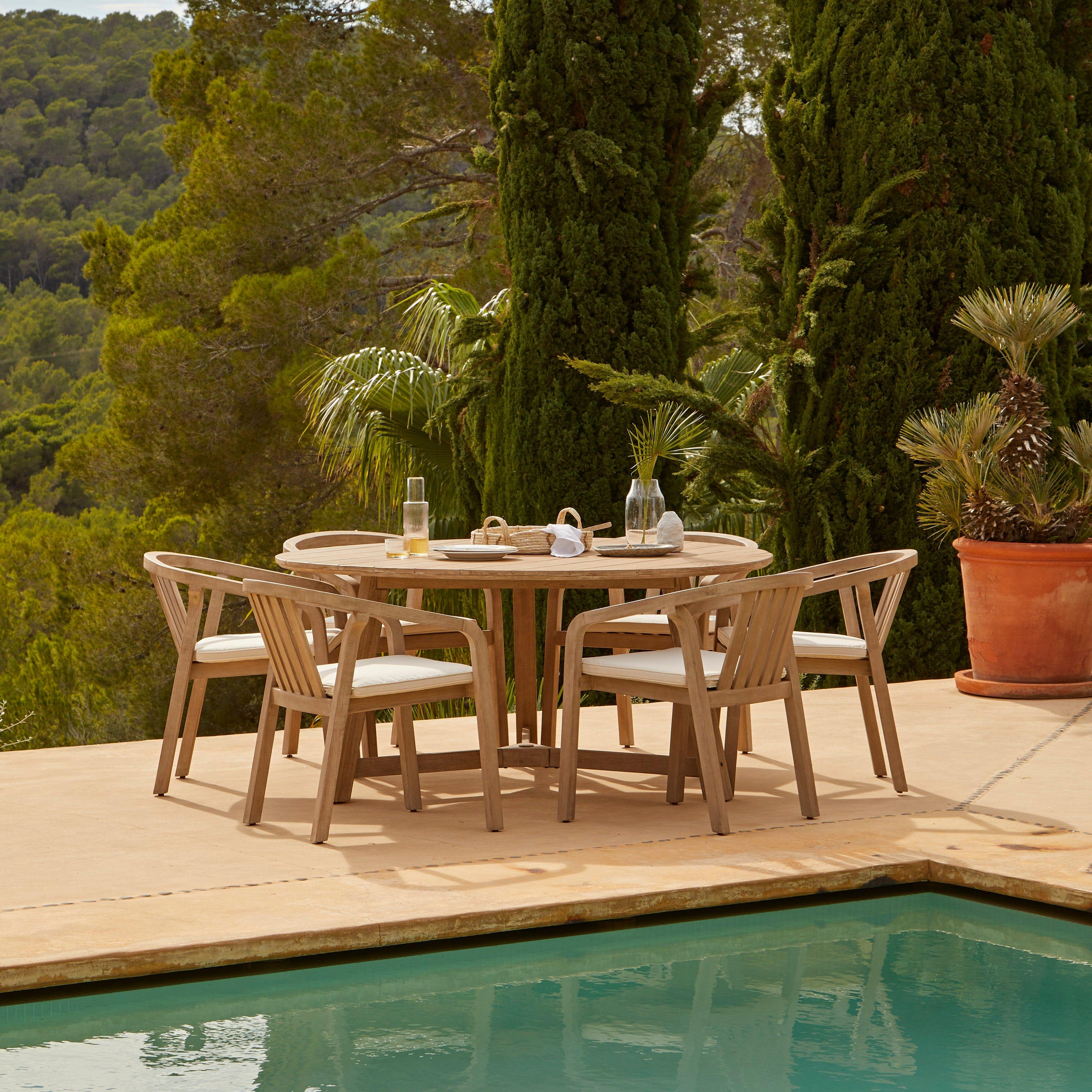 Shiro 6 Seater Wooden Round Garden Dining Table with 6 Shiro chairs - - Laura James