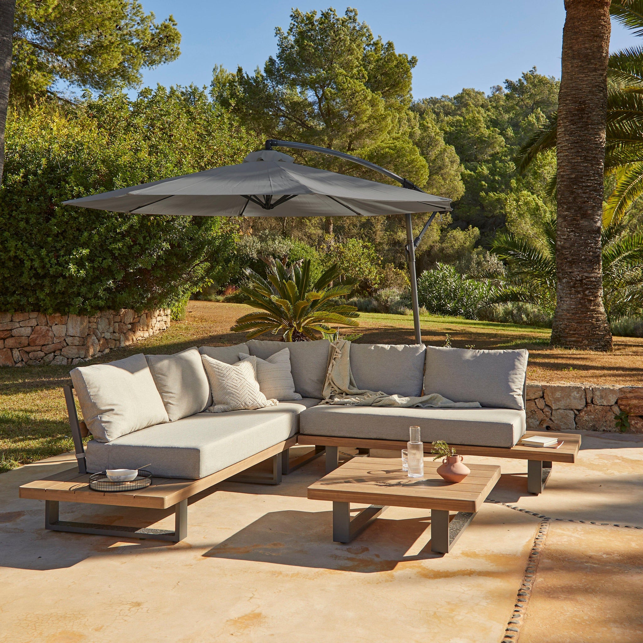 Shiva Garden Corner Sofa Set with Grey Lean Over Parasol - Stone ...