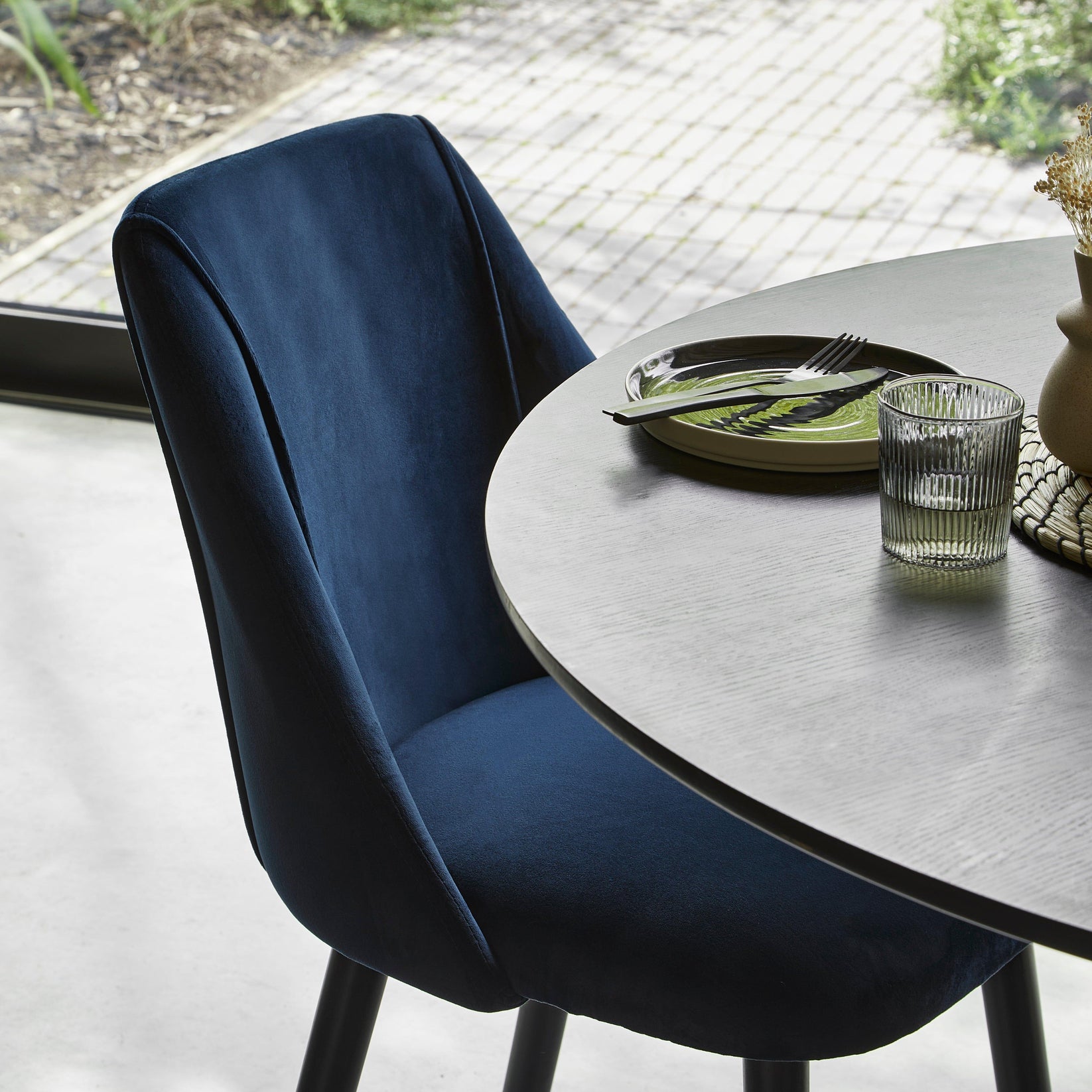 Willow Wooden Round Dining Set with Blue Dining Chairs - Laura James