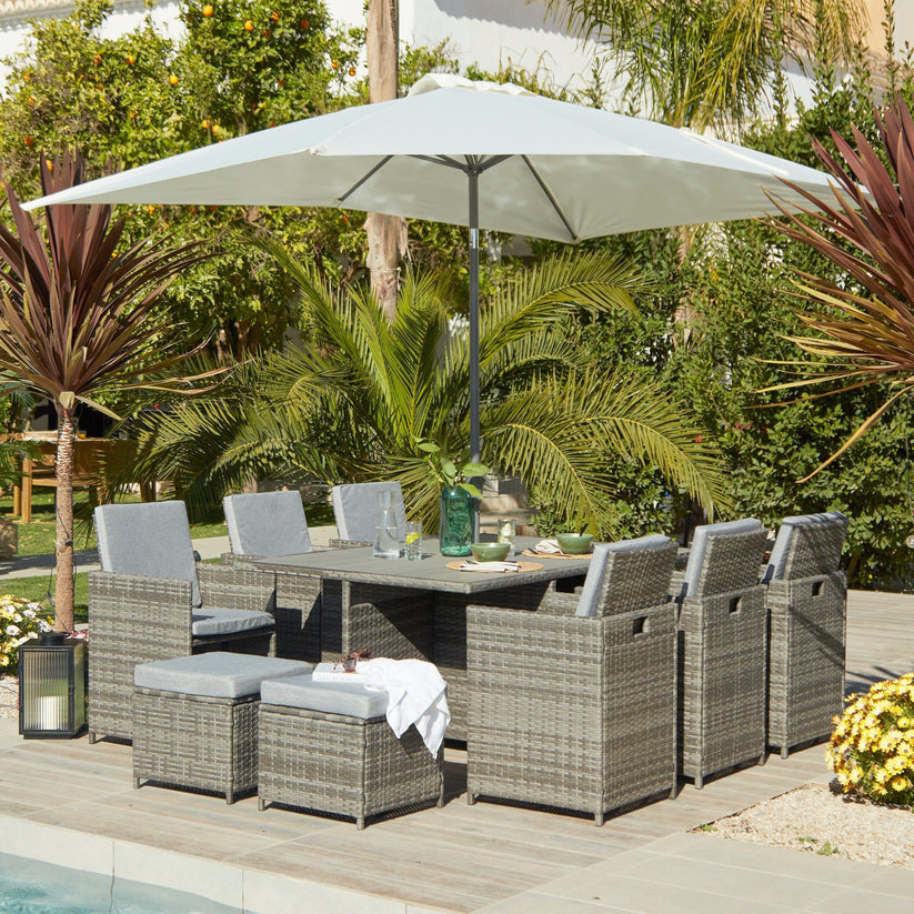 10 Seater Grey Rattan Cube Garden Dining Set & Parasol - Laura James