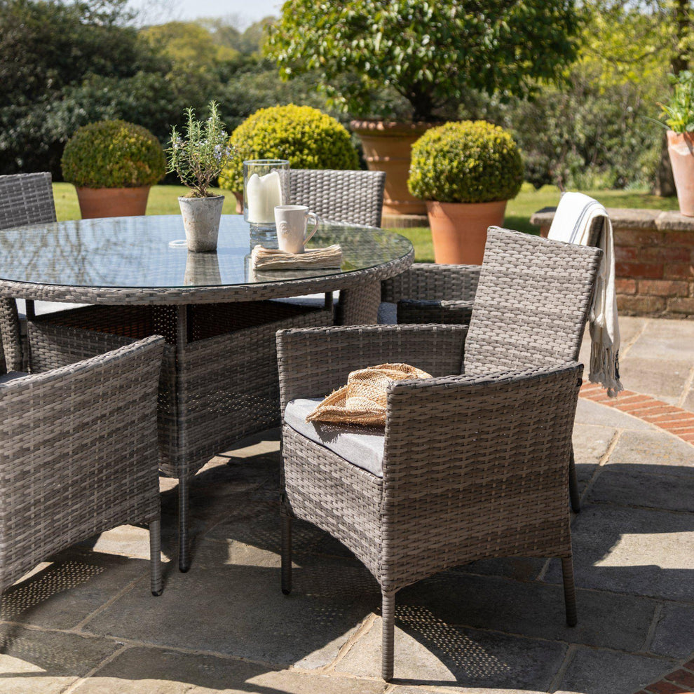 Kemble 6 Seater Rattan Round Dining Set with Grey LED Premium Parasol ...