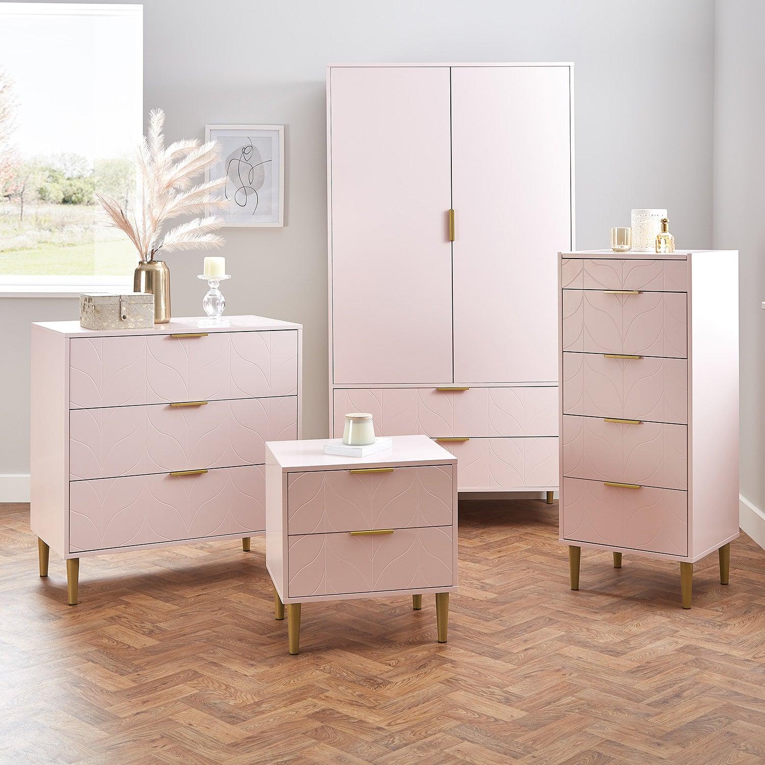 Set-Gloria Bedside Table - 3 Drawer Chest - Tallboy & Wardrobe - Blush – Laura James