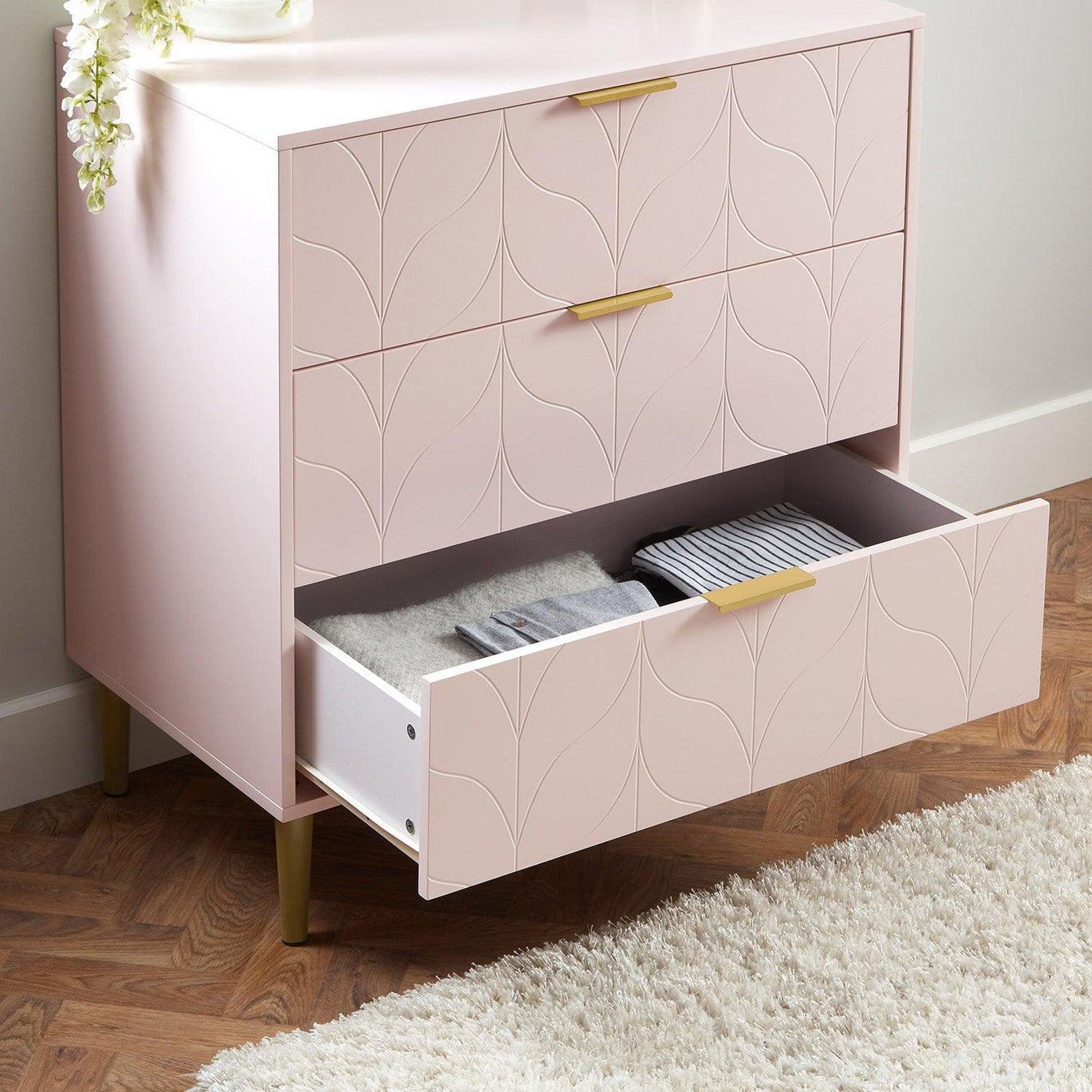 Set-Gloria Bedside Table - 3 Drawer Chest - Tallboy & Wardrobe - Blush – Laura James