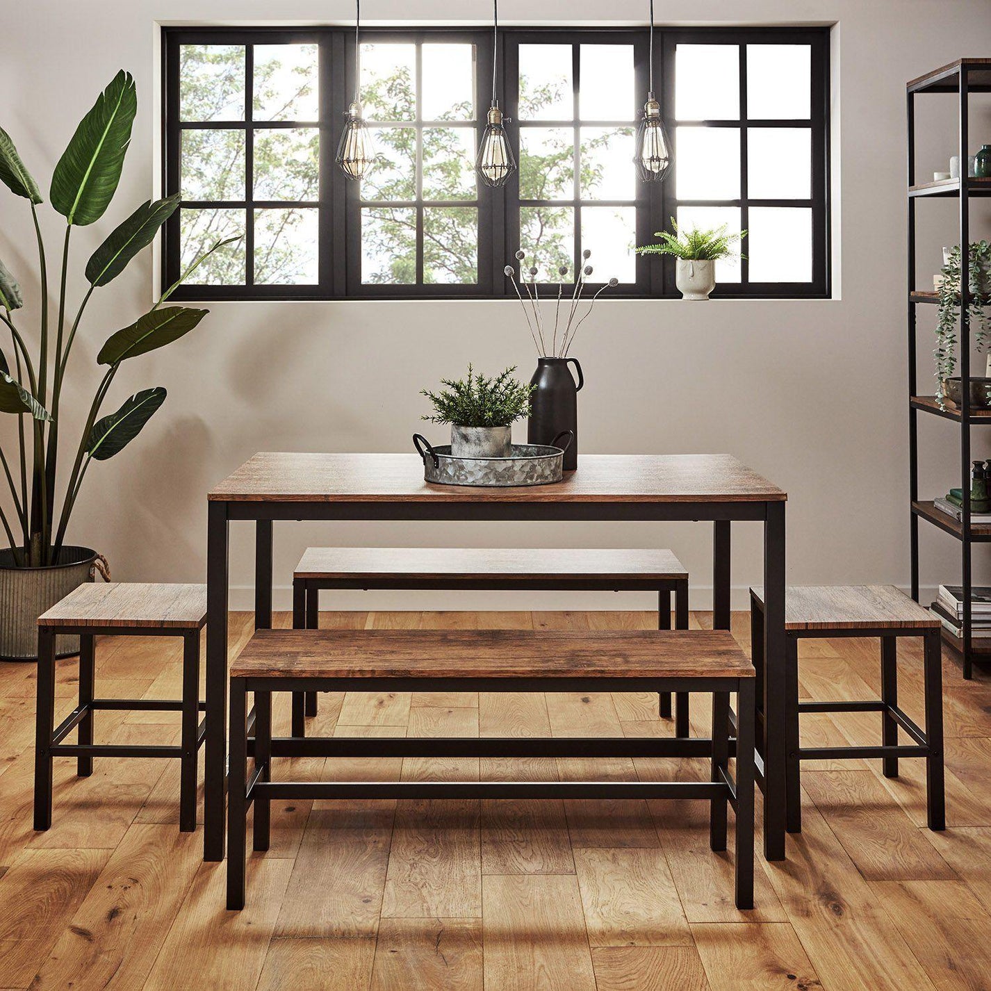 Sheffield Rich Oak Dining Table Set - 6 Seater - 2 Sheffield Benches ...