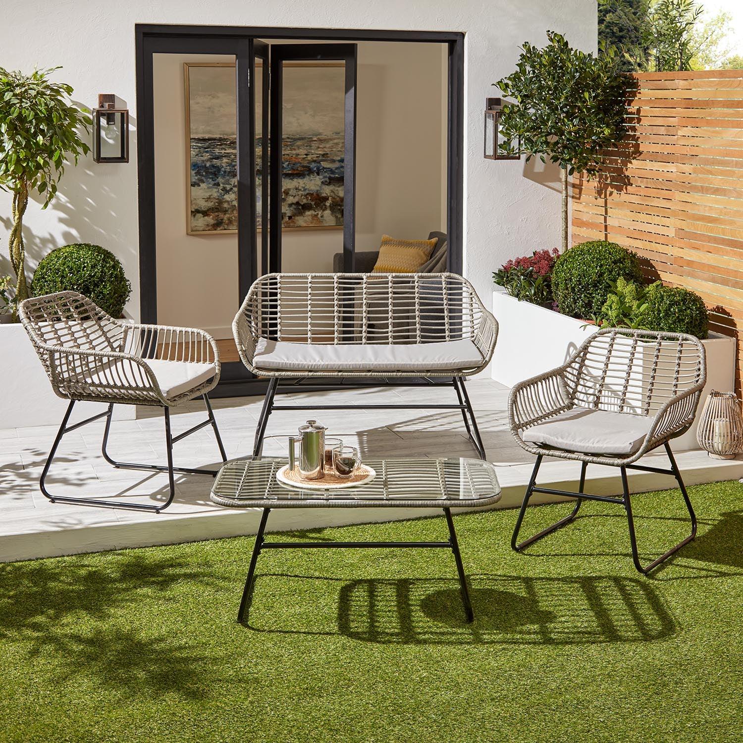 Wick Rattan Garden Sofa Set with Cream Parasol – Light Grey – Laura James